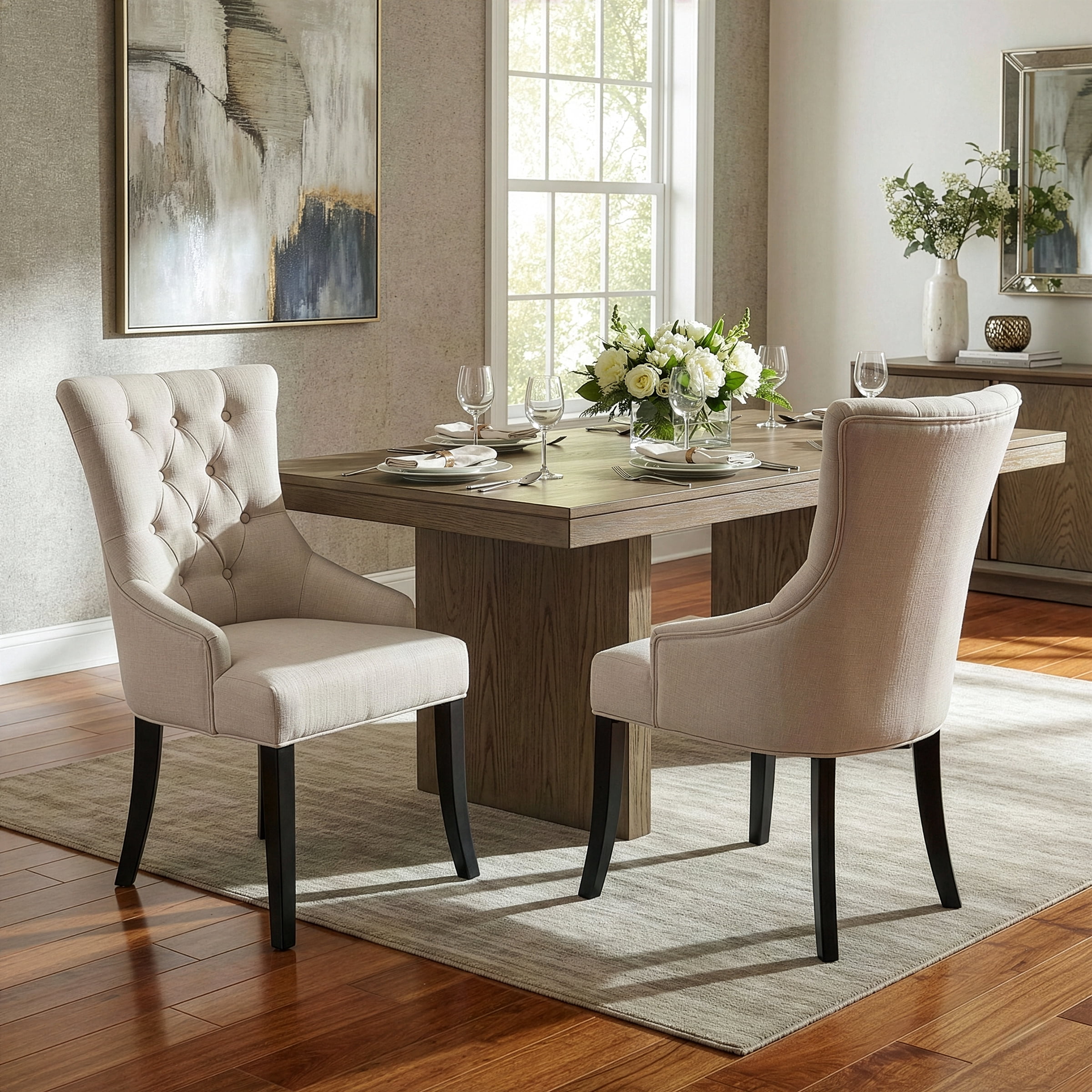 Set of 2 Alei Beige Fabric Dining Chair Wing Chair with Tufted Buttons ...