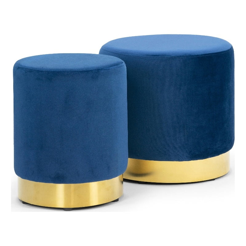 Glamour Home Anna Small-Medium Round Velvet Footstool Ottomans in Blue ...