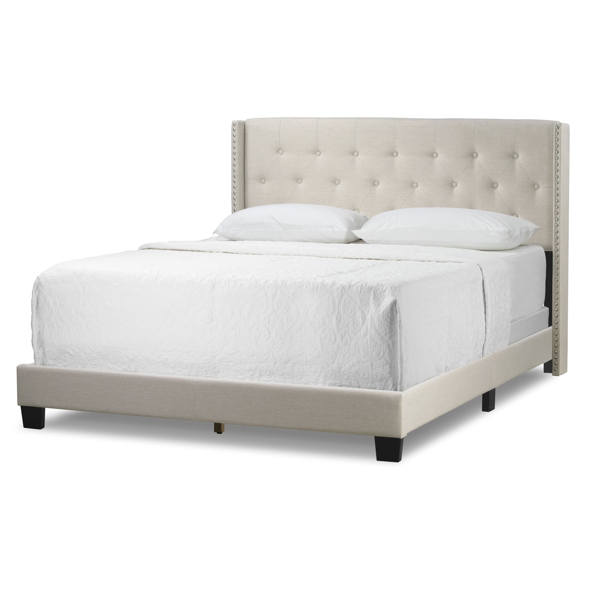 Glamour Home Asali Queen Bed with Button Tufting and Nail Headed Wings in Beige - Walmart.com