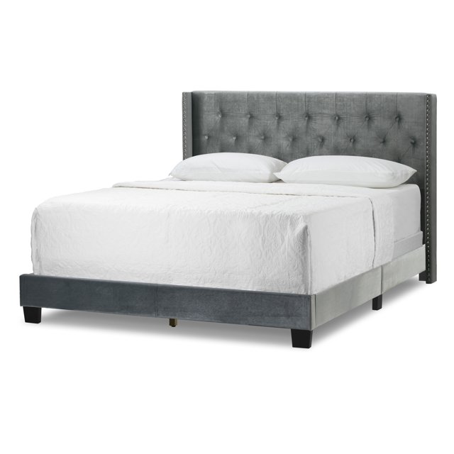 Glamour Home Asali Queen Bed with Button Tufting and Nail Headed Wings in Gray - Walmart.com