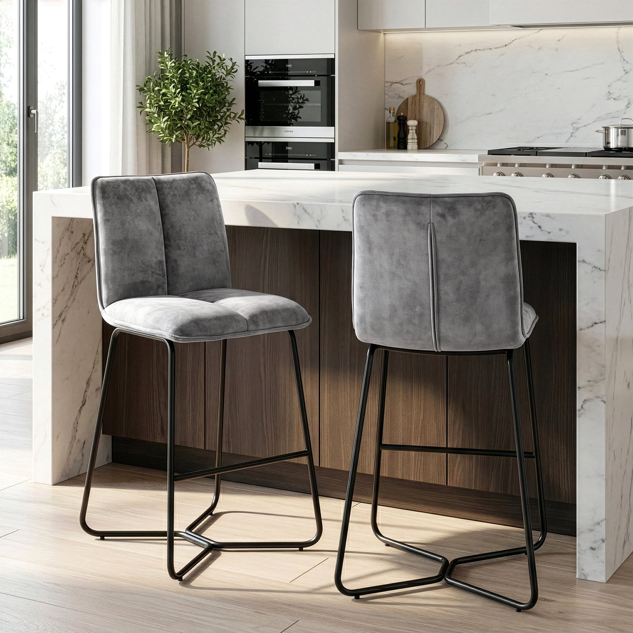 Set of 2 Avril Gray Boucle Backless Counter Stool with Black Metal Legs ...