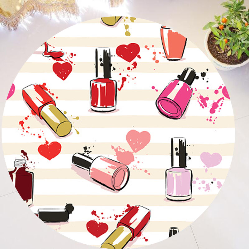 Glamour Stripes Nail Polish and Hearts Makeup Cosmetics Round Area Rug ...
