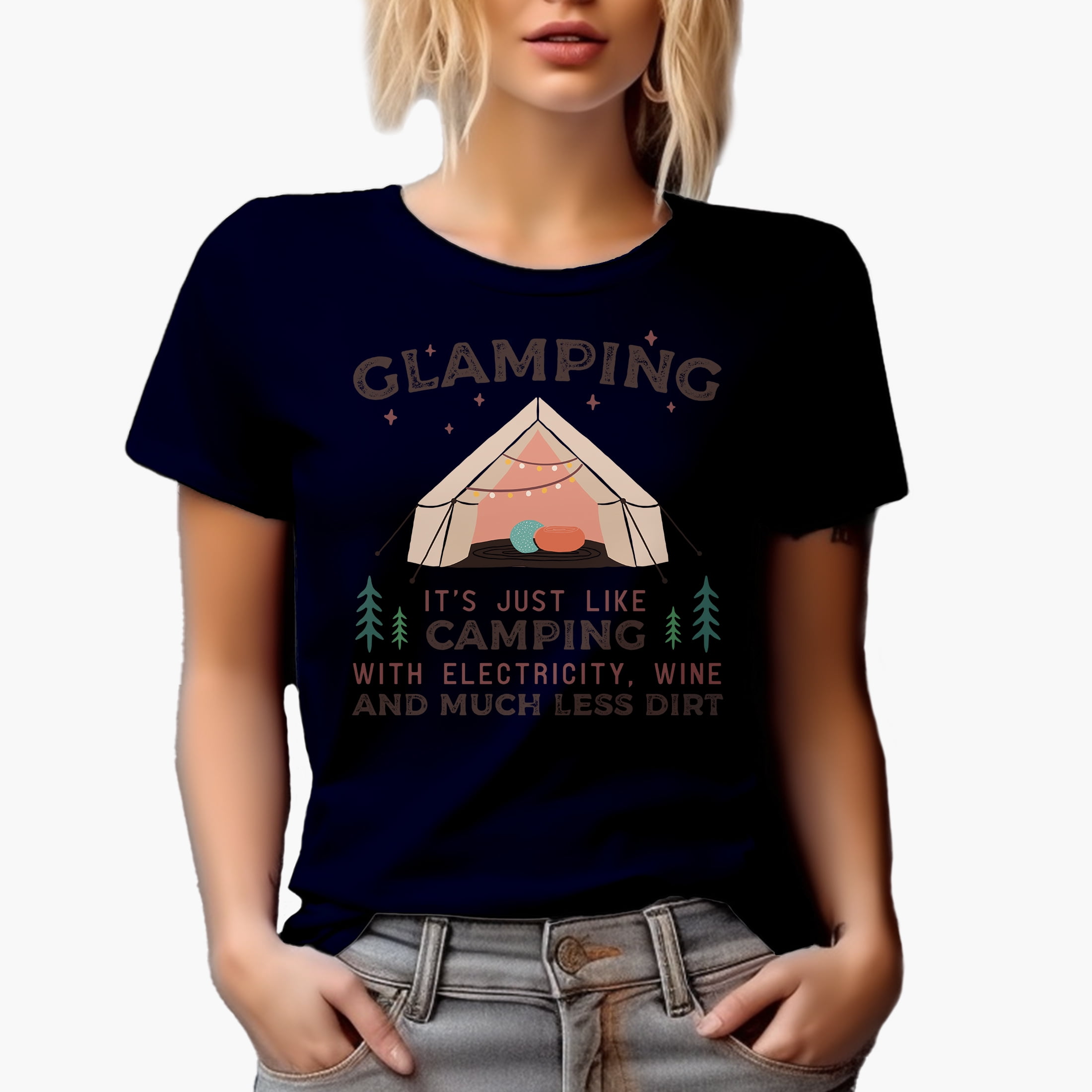 Glamping, Just Like Camping Quote & Tent Art Merch Gift, Navy Blue T ...