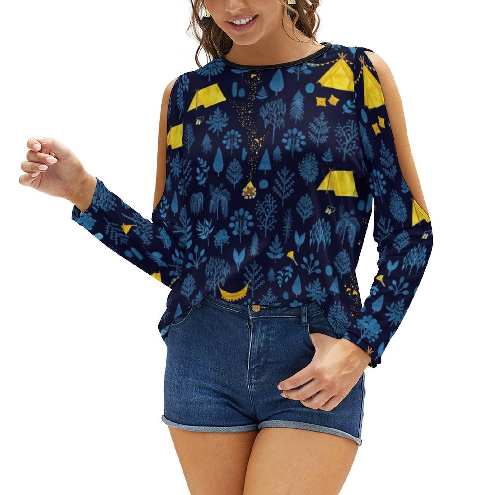 Glamping-Navy Women Zipper Sexy Printed Vintage T Shirts Tops Full ...