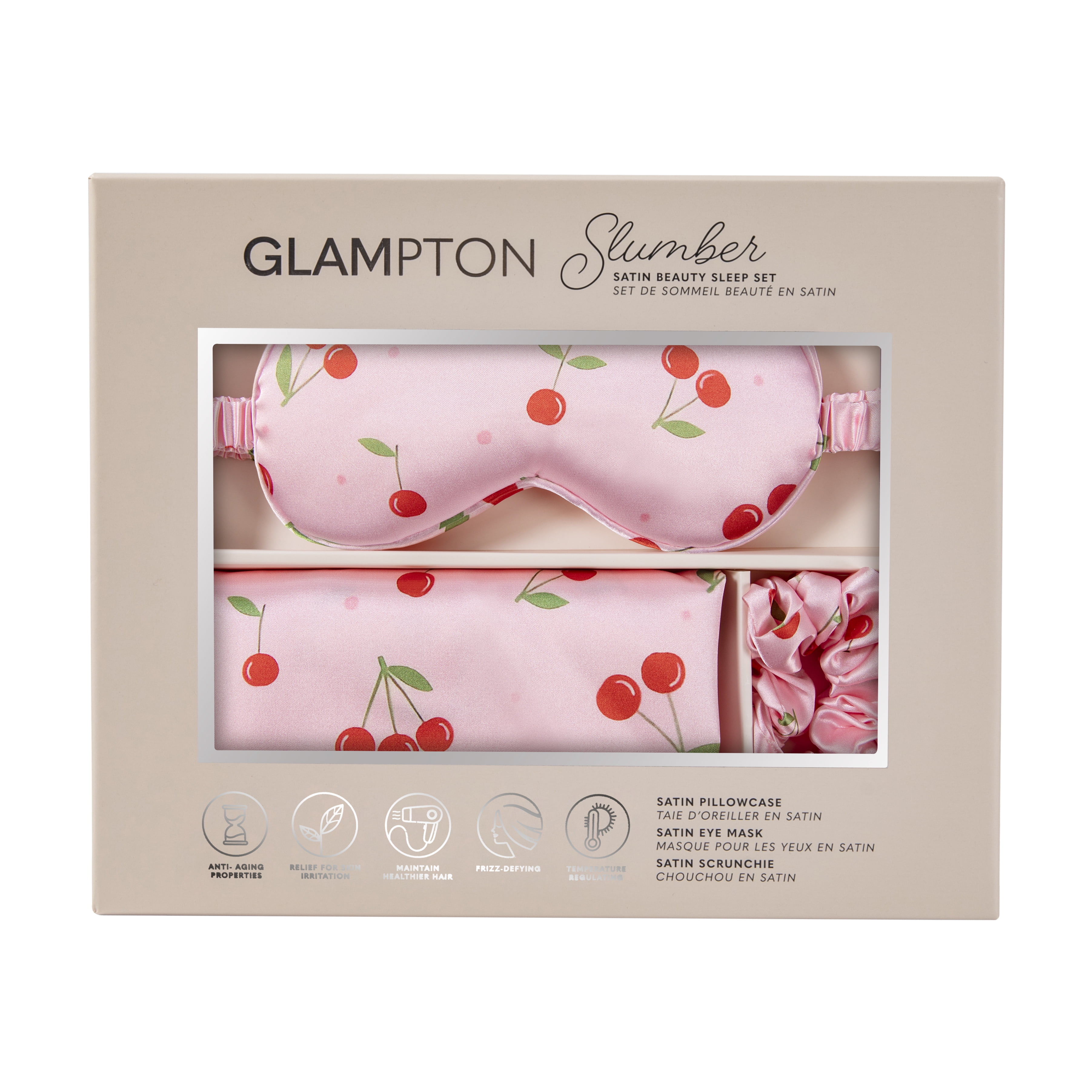 Glampton Slumber Satin Beauty Sleep Set, Cherry, 3-Piece Set with ...