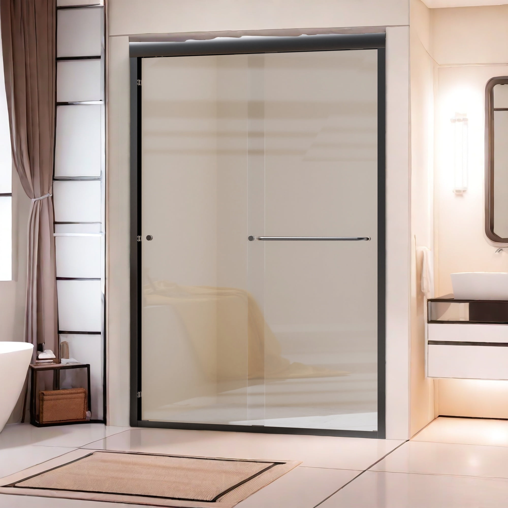 GlasFlength Double Sliding Shower Door, 44"-48" W X 72" H Semi Frameless Tempered Glass Shower ...