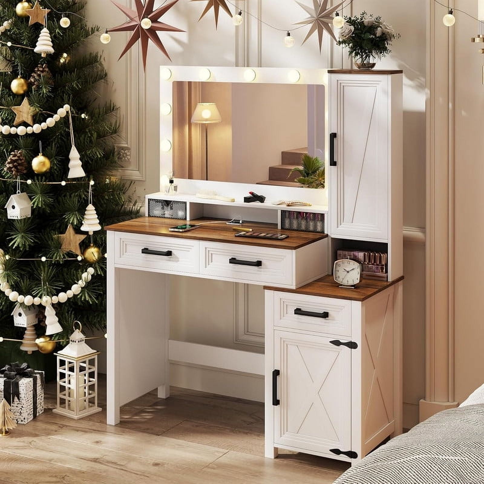 GlasFlength Farmhouse Makeup Vanity with Lighted Mirror, Vanity Desk ...
