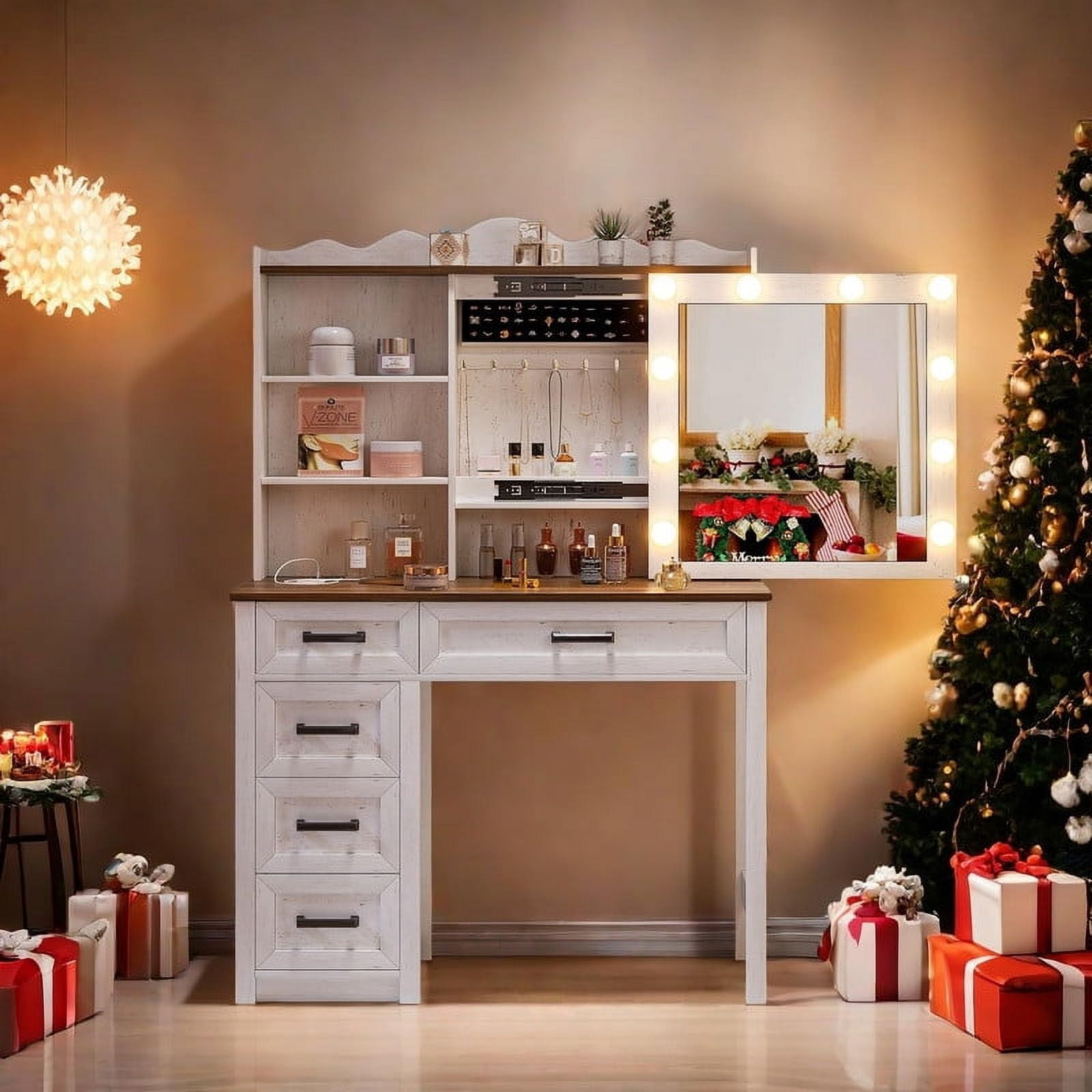 GlasFlength Farmhouse Makeup Vanity with Lighted Mirror, Vanity Desk ...