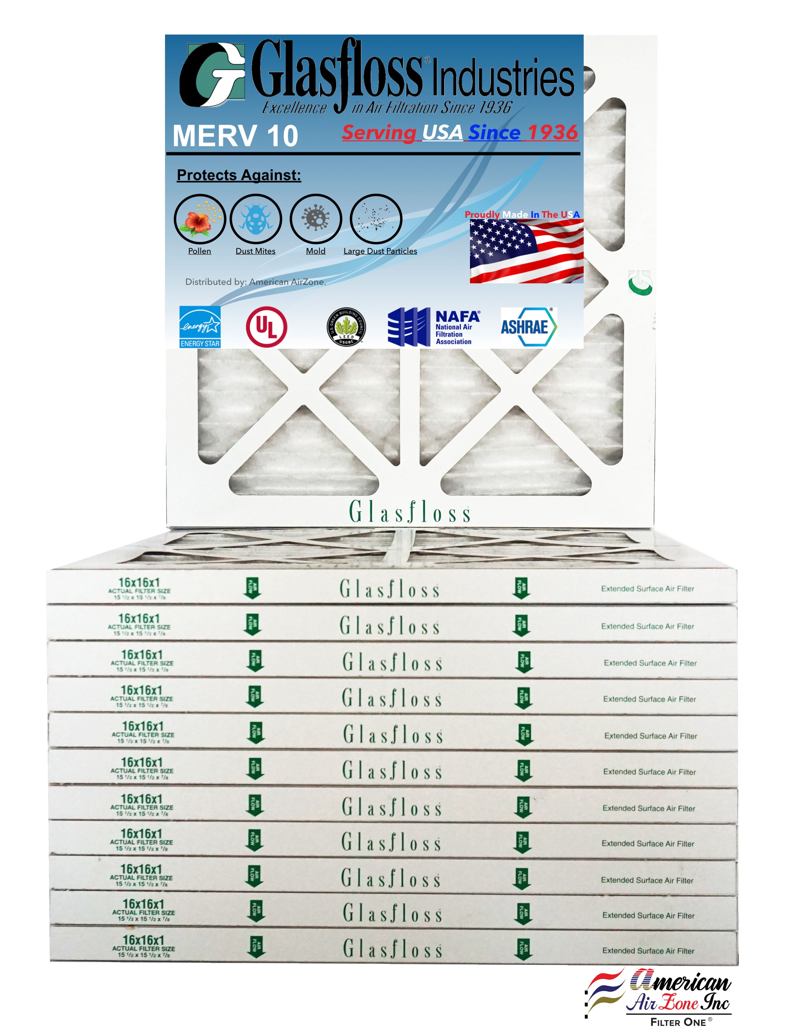 Glasfloss 16x16x1 - MERV 10 -Qty:12 - Furnace Air Filter - Made in USA ...