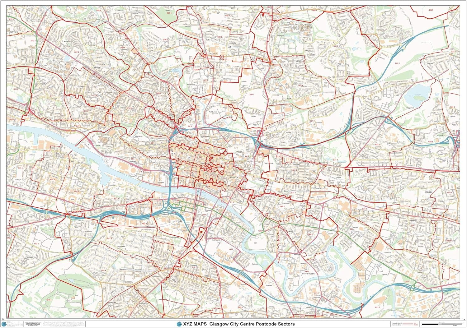 Glasgow City Centre Postcode Sectors Wall Map (C5) - 47" x 33.25 ...