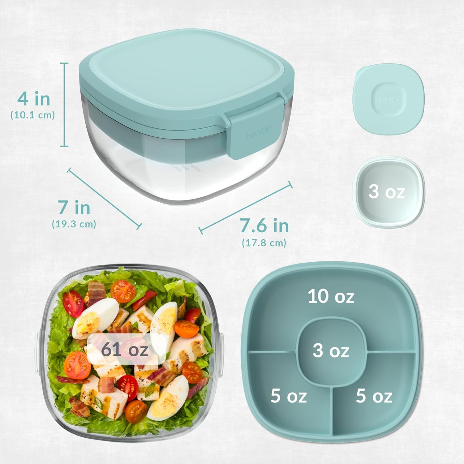 Glass All-in-One Salad Container - Large 61-oz Bowl with Lid, 4 ...