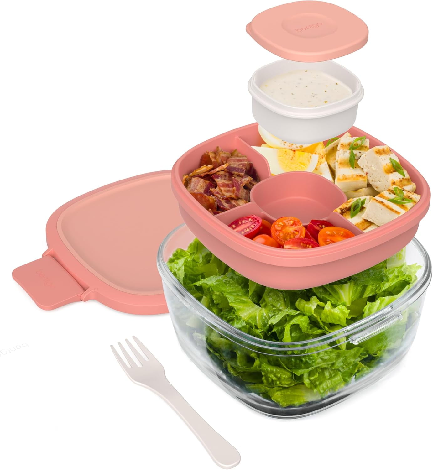 Glass All-in-One Salad Container - Large 61-oz Salad Bowl with Lid, 4 ...