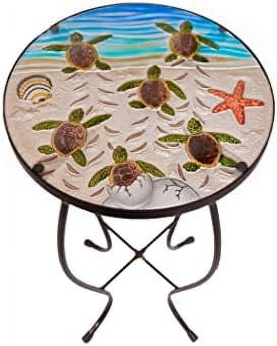 Glass Art Hand Painted Nautical Outdoor Accent Side Round Table (Turtle ...