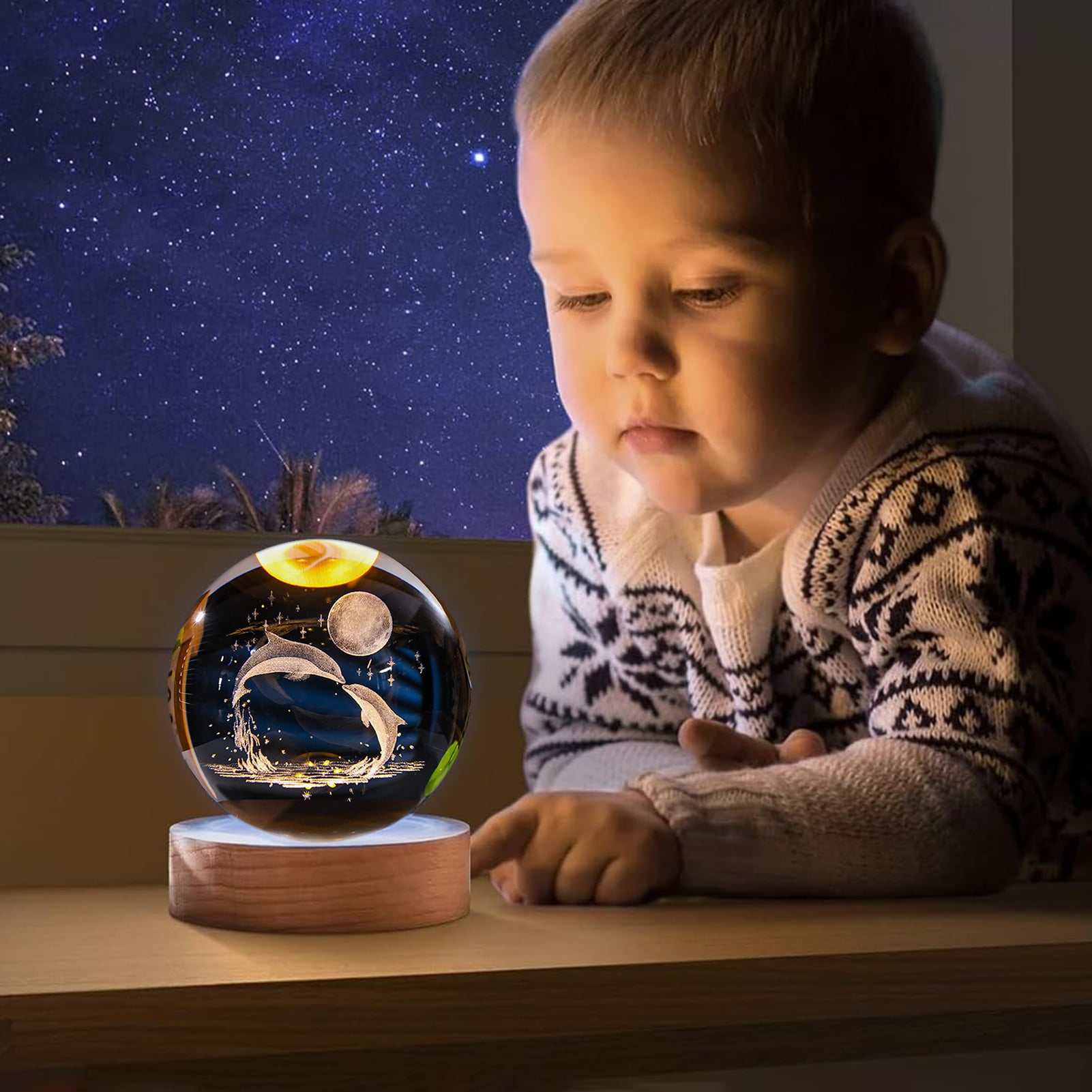 Glass Ball Lamp Glass Ball Night Light with Wooden Base 7 Color ...