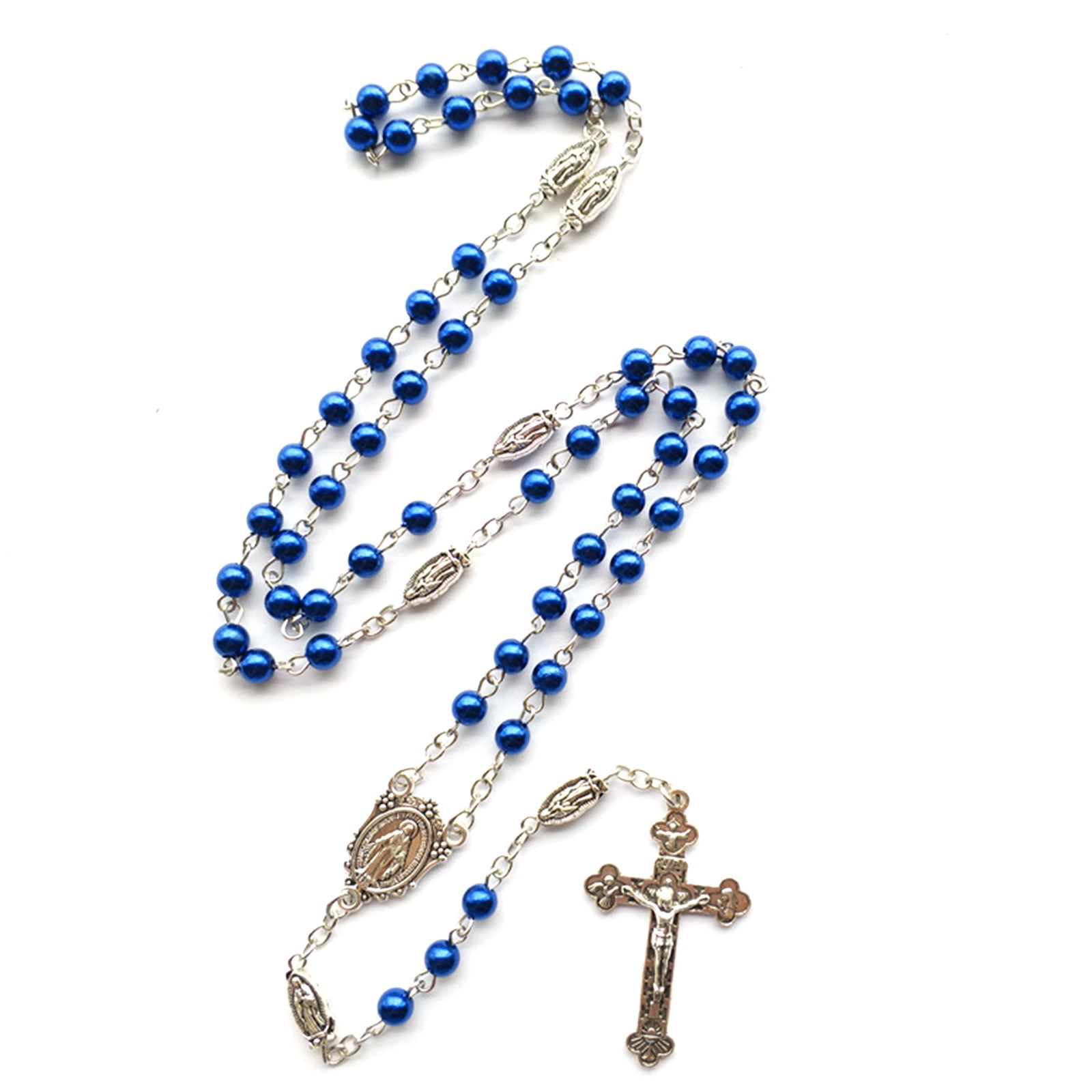 Glass Beads Blue Rosary Catholic Necklace Prayer Miraculous Medal for ...