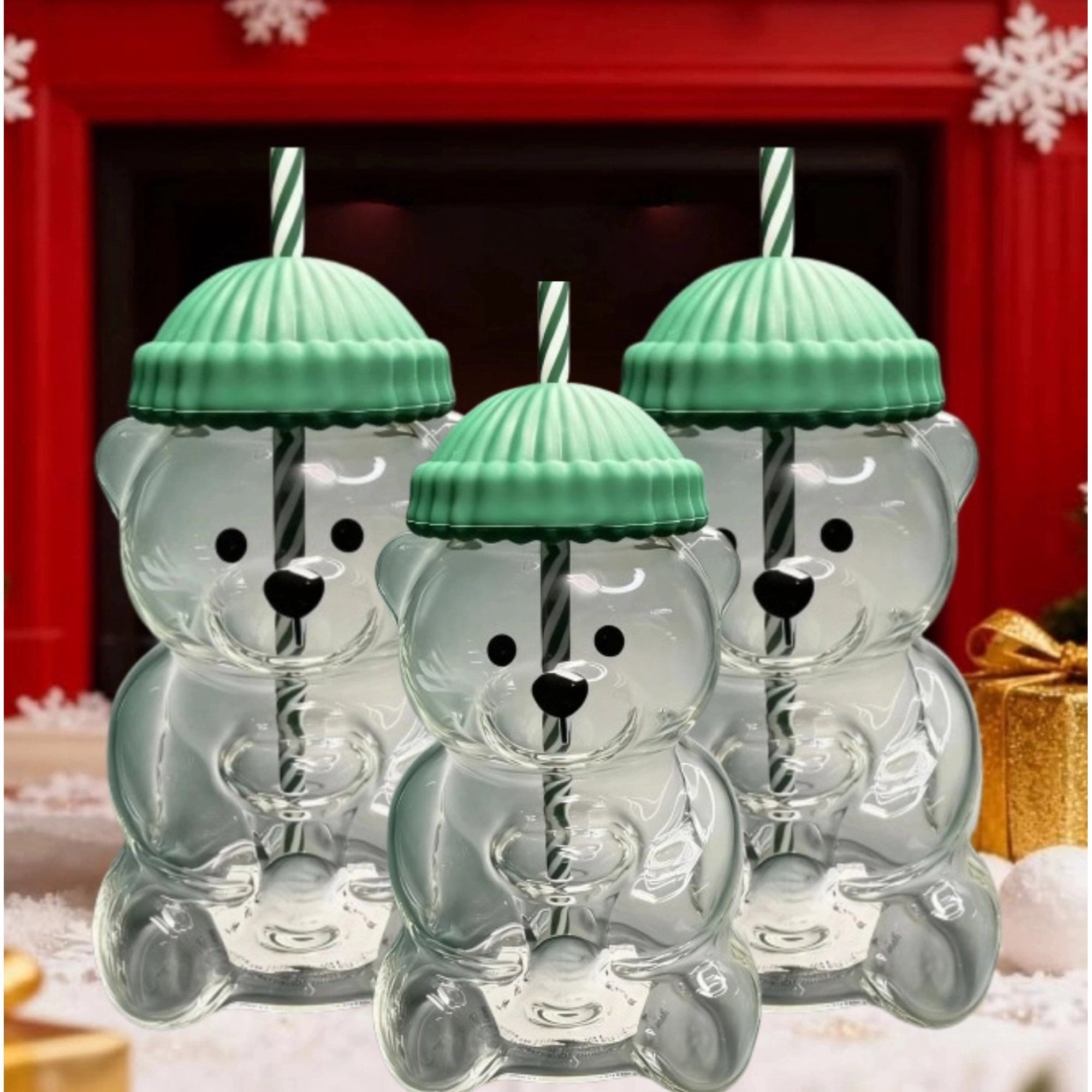 Glass Bear Coffee Cup with Straw 2025 Bear Glass Jar Cold Cup Tumbler ...