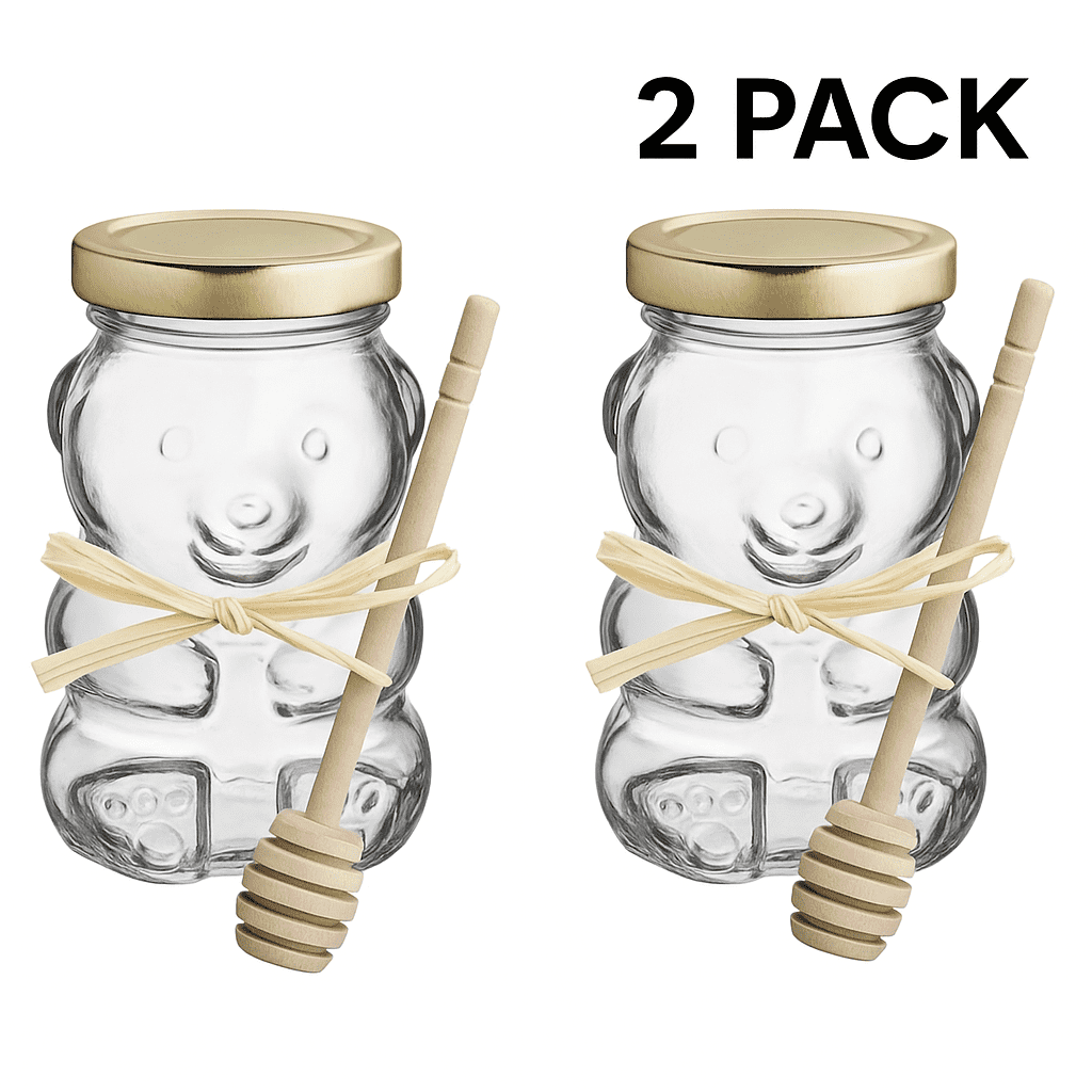 Glass Bear Honey Jars with Gold Lids & Wooden Dippers – 8 oz Reusable ...