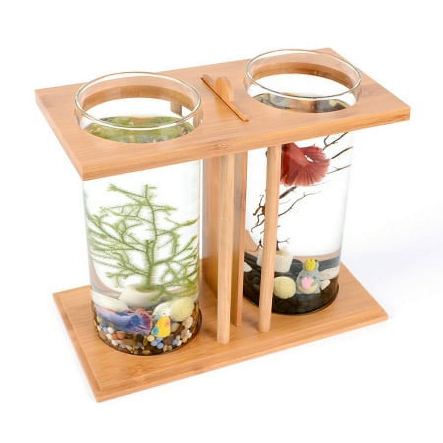 Glass Betta Mini Fish Tank Bamboo Base Aquarium Goldfish Tank Desktop ...