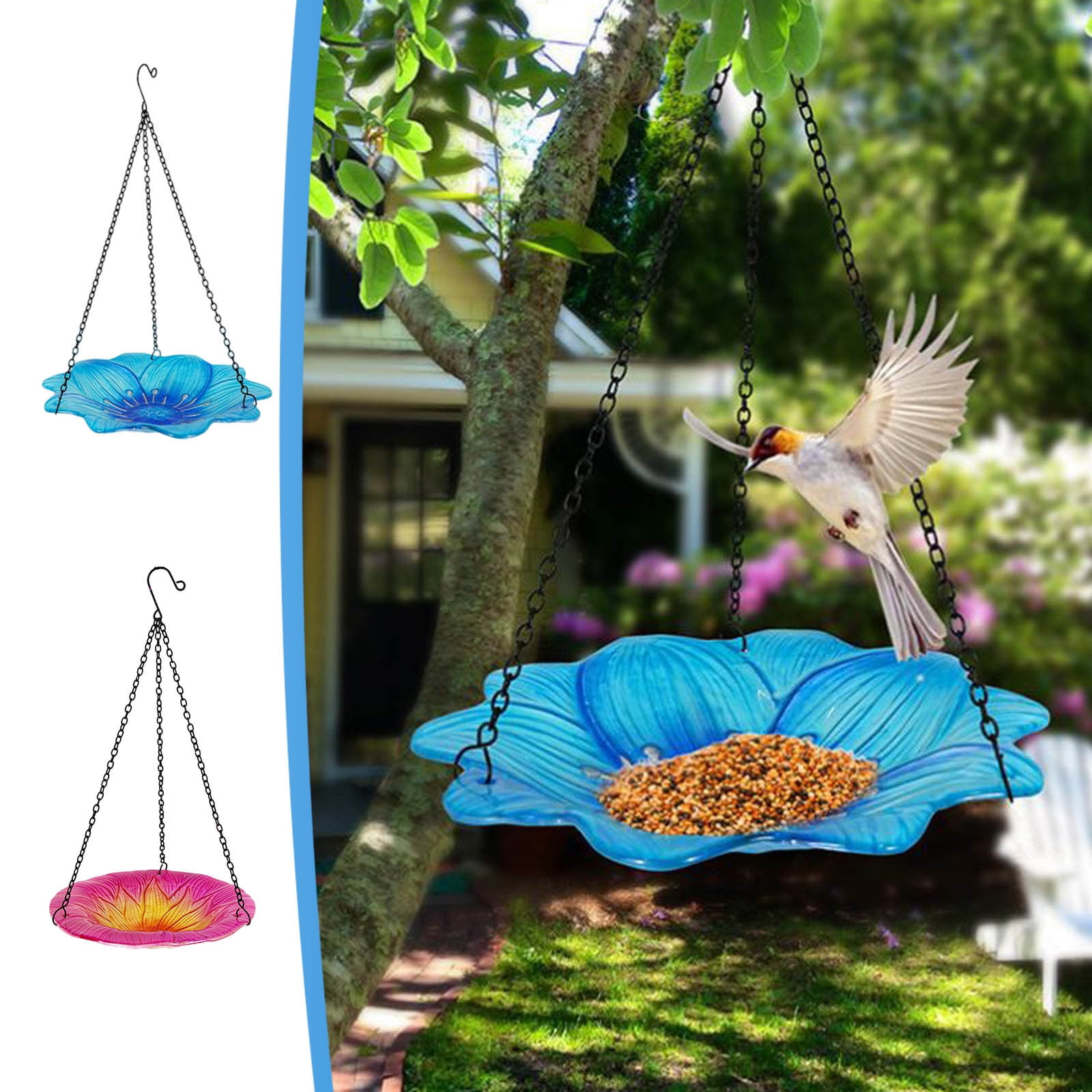 Glass Bird Feeder Bowl with Decorative Flower Design - Hanging Outdoor ...