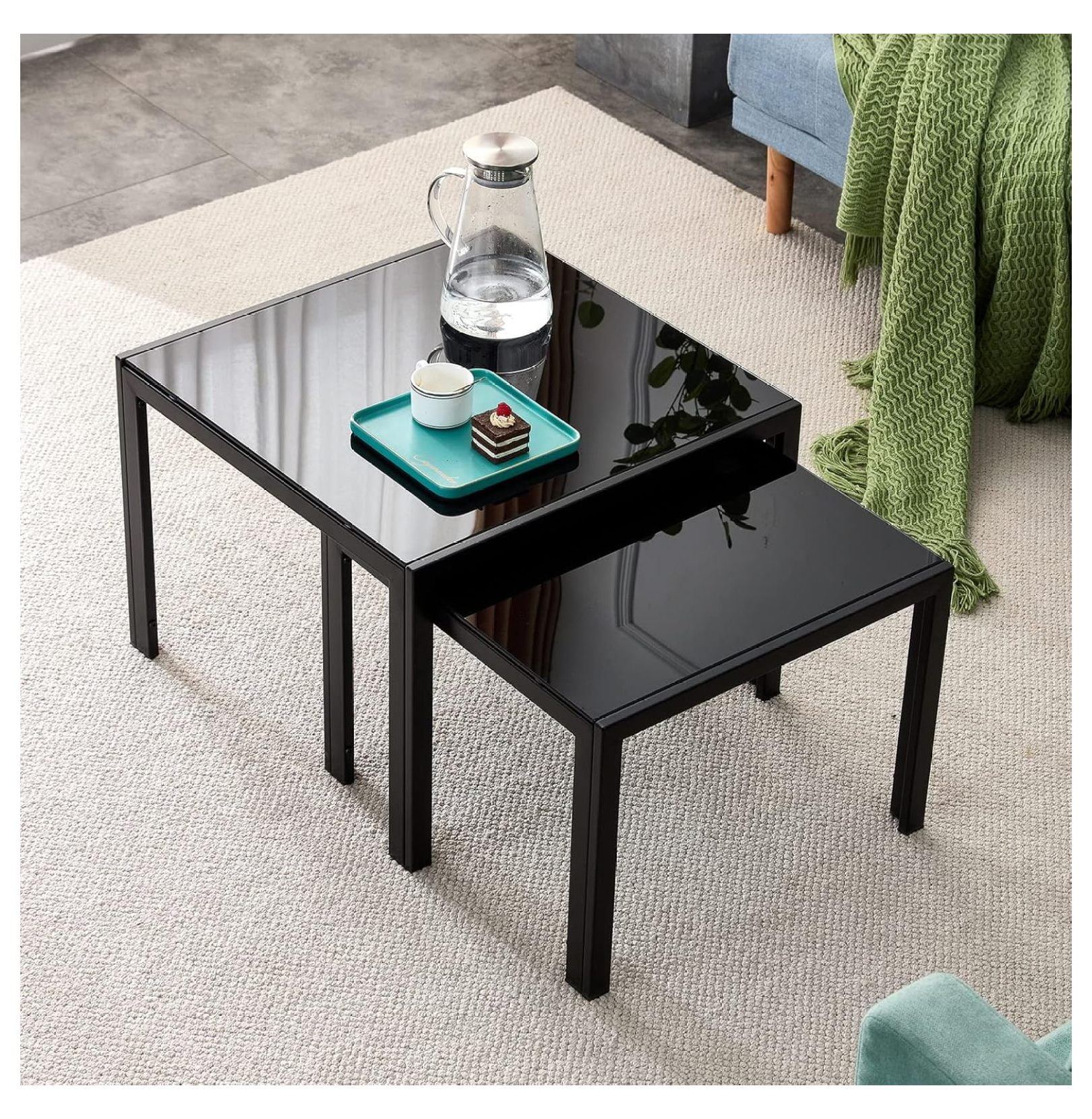 Glass Black Nesting Coffee Table Set of 2, Square Modern Stacking Table ...