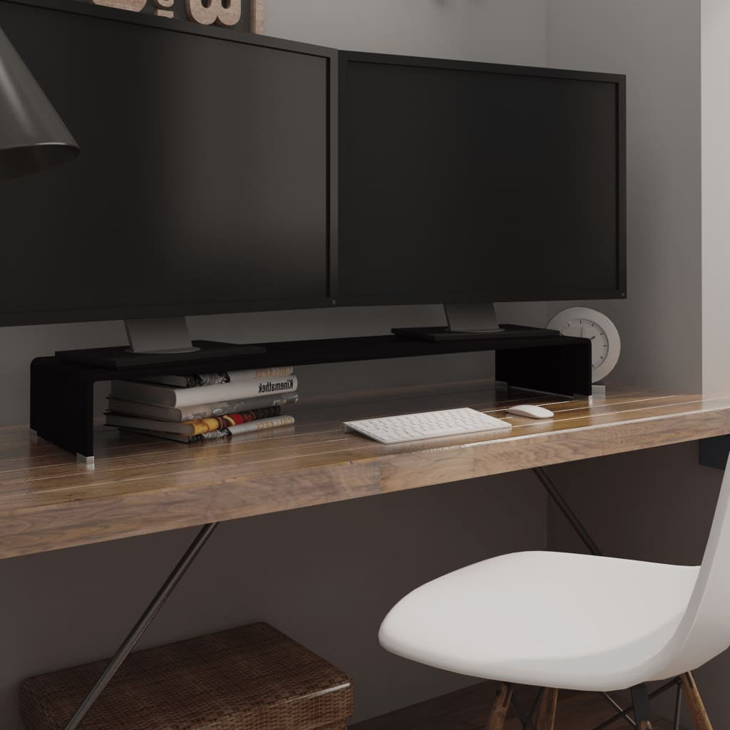 Glass Black TV Stand/Monitor Riser with Storage Shelf, Cable Management ...