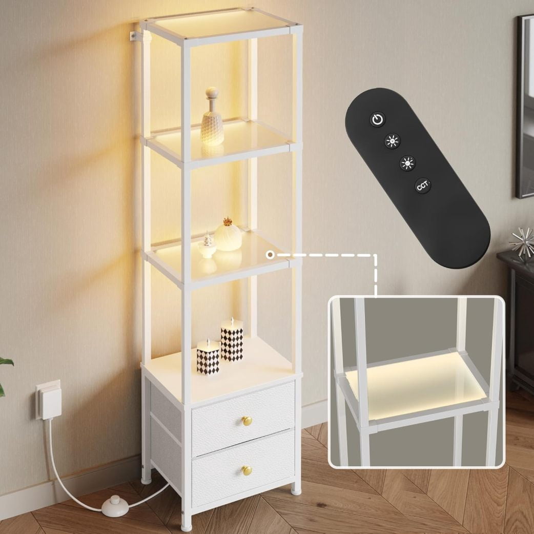 Glass Book Shelf with Dimmable Lights, 58.3"H Tall Bookcase with 2 ...