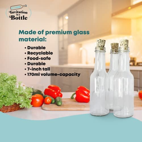 Glass Bottles, 12-Pack (170ml/5.5 oz), Wide Mouth Design, Wooden Cork Lids, Reusable for ...