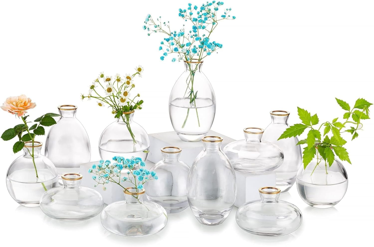 Glass Bud Vase for Centerpieces: 12Pcs Glasseam Gold Rim Mini Small ...