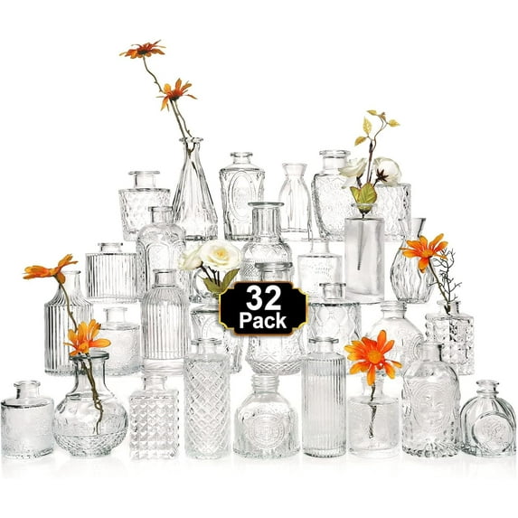 Glass Bud Vase Set of 32 Pcs，Small Glass Vases for Flowers，Clear Bud ...