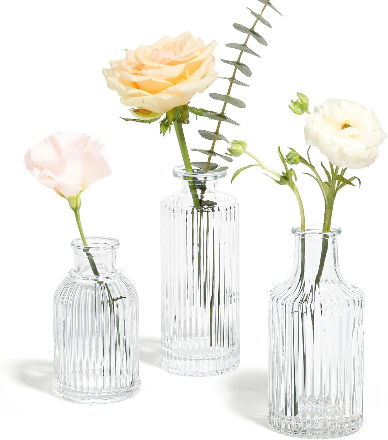 Glass Bud Vases Set of 3, Small Flower Vases in Bulk, Mini Ribbed Vases ...