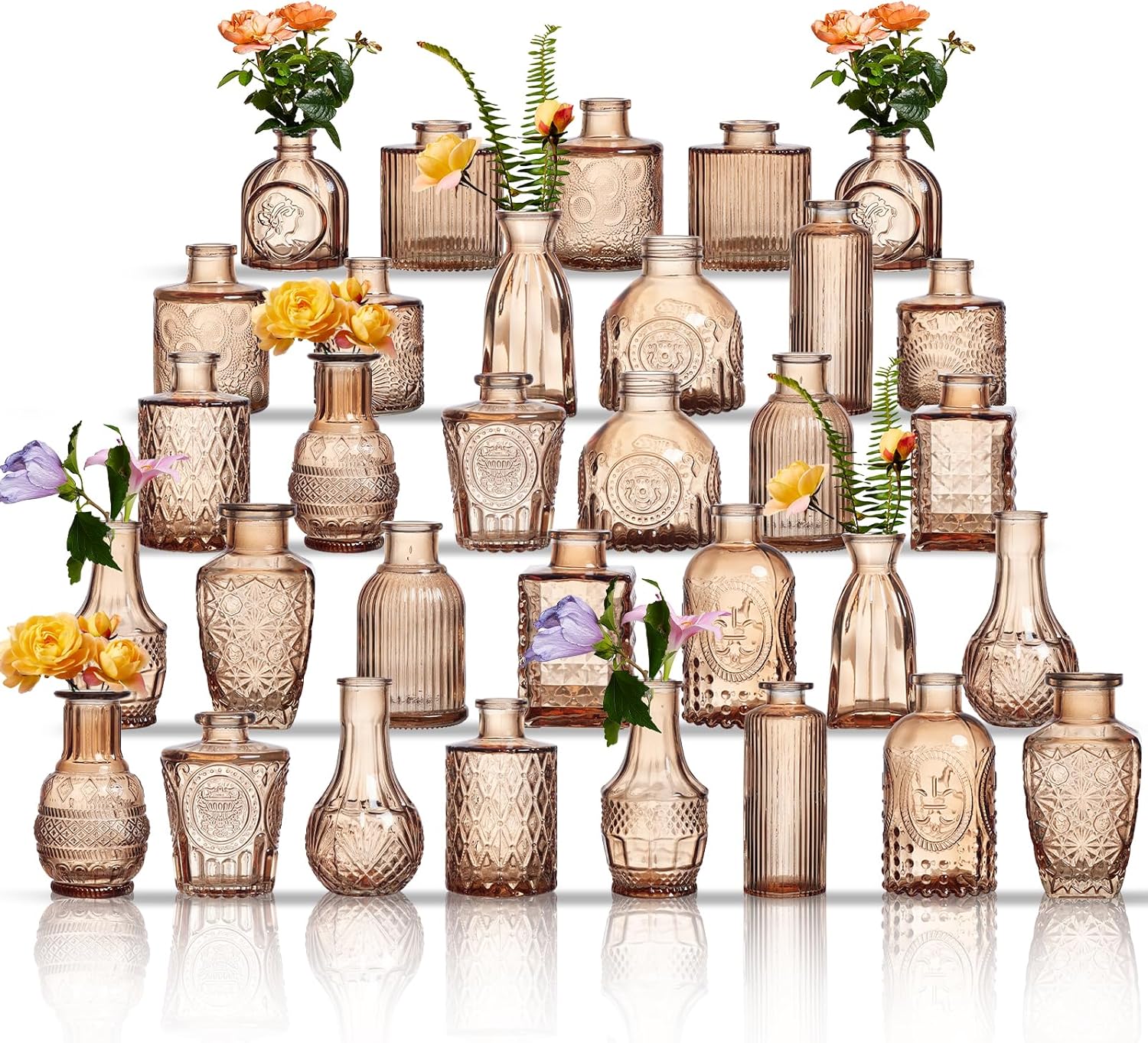 Glass Bud Vases Set of 32 - Amber Assorted Small Mini Glass Vases for ...