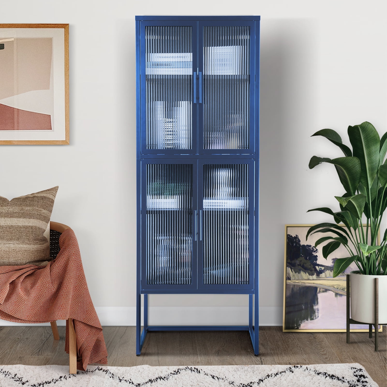 Glass Cabinet, Tall Storage Cabinet With 4 Doors, Metal Handles, 2 ...