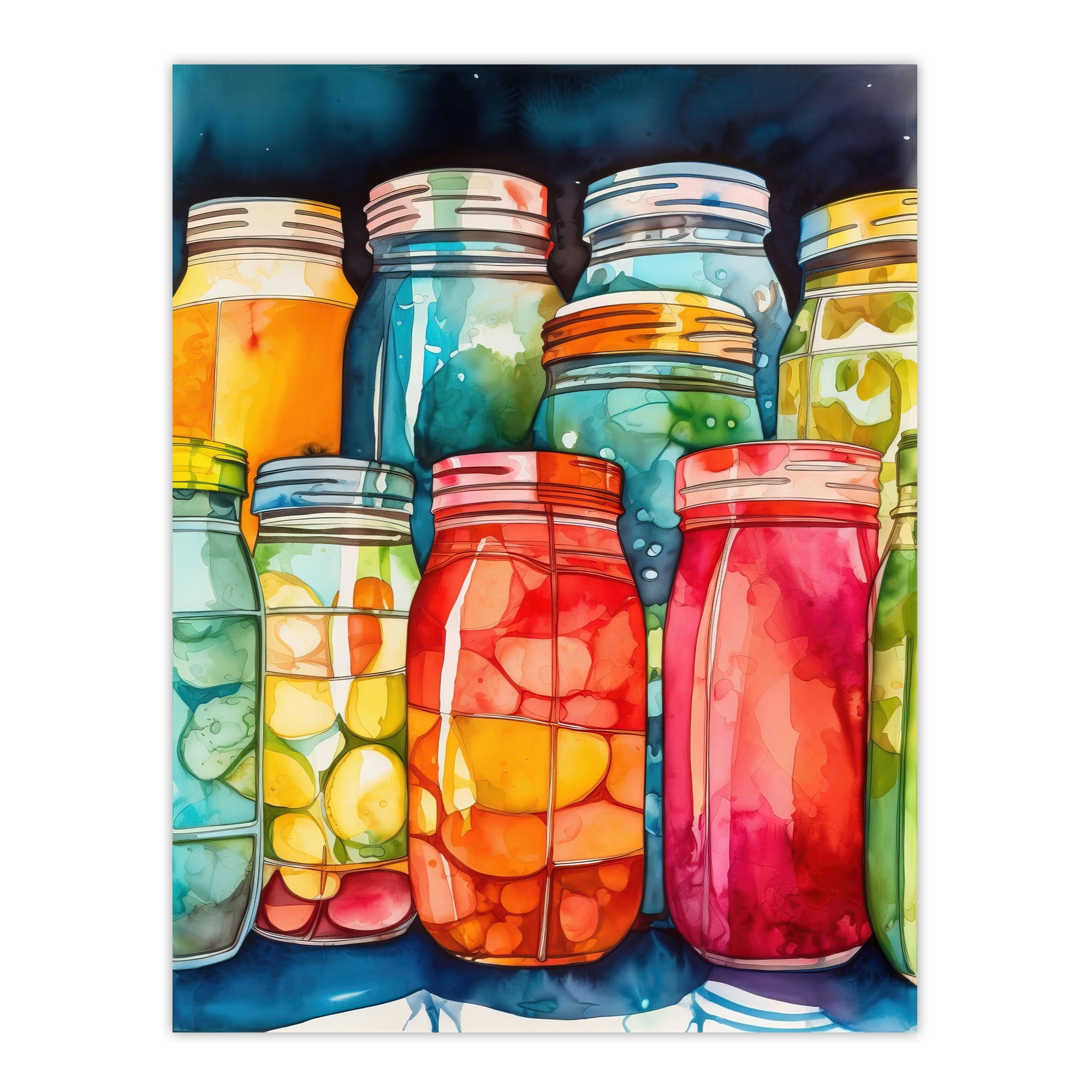 Glass Canning Jars on Shelf Colourful Watercolour Painting Pink Orange ...
