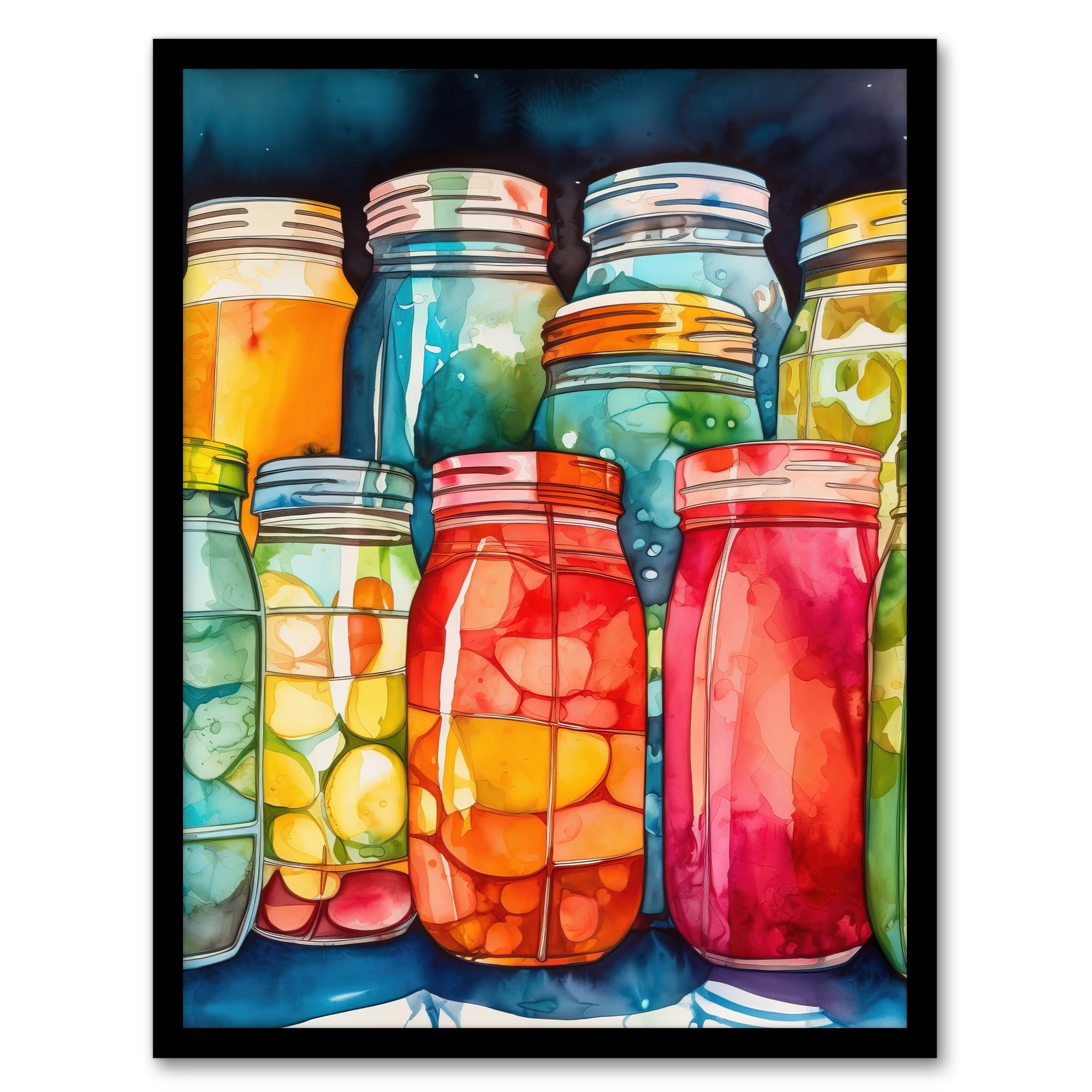 Glass Canning Jars on Shelf Colourful Watercolour Painting Pink Orange ...