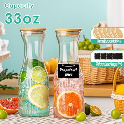 Glass Carafe Pitchers with Lids, Set of 4 1 Liter Embossed Designed ...