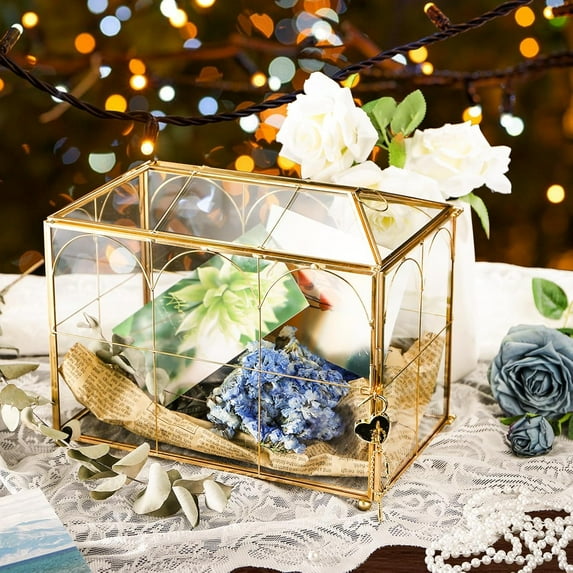 Glass Card Box with Slot, Gold Clear Card Box for Wedding Receptions ...