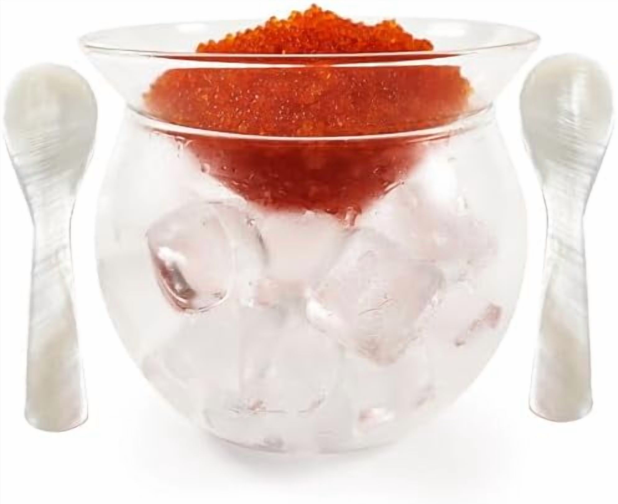Glass Caviar Serving Set: 2pc mother-of-pearl spoons + 3.5" chiller ...