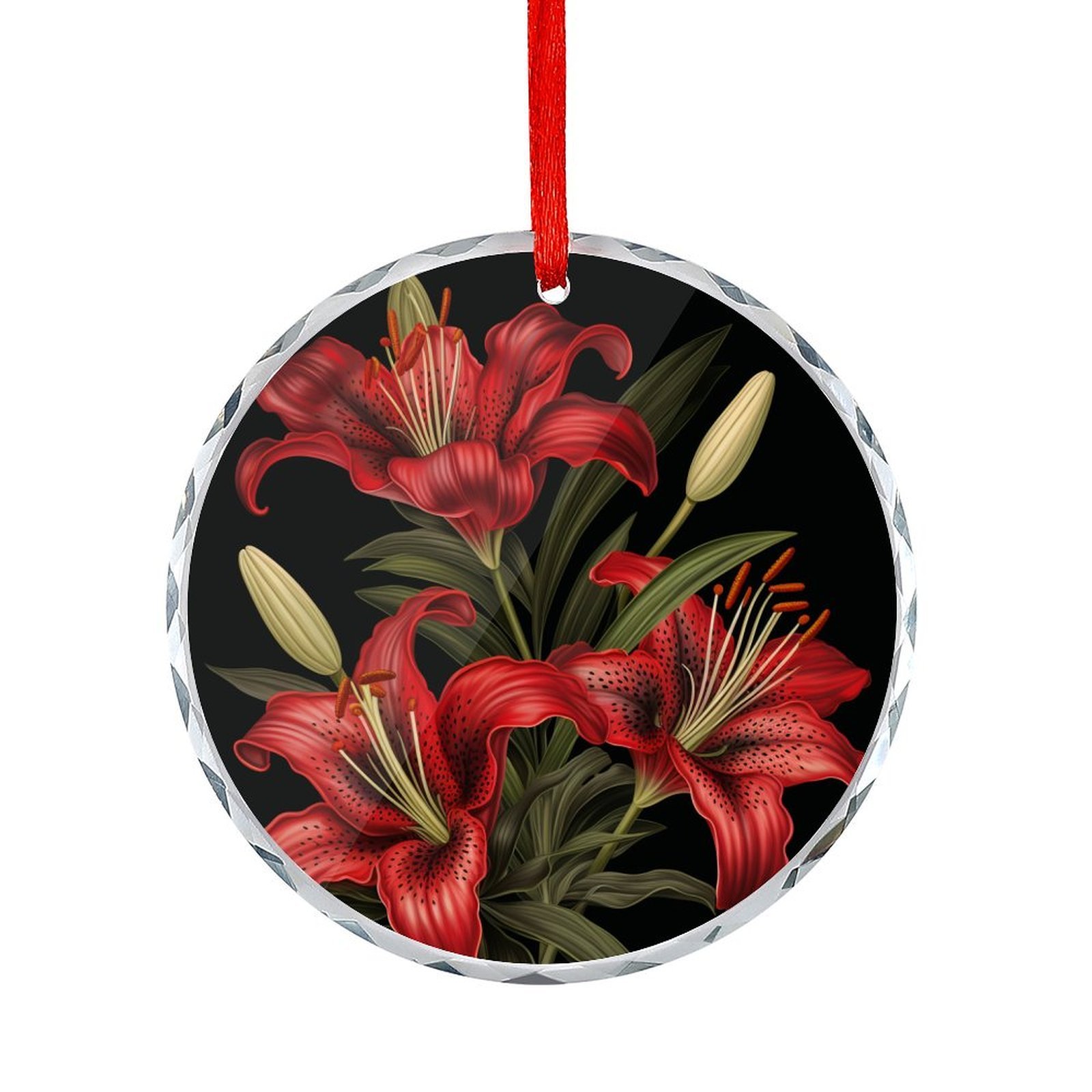 Glass Christmas Ornament Large Red Lilies Round Ornament Rustic Plant ...