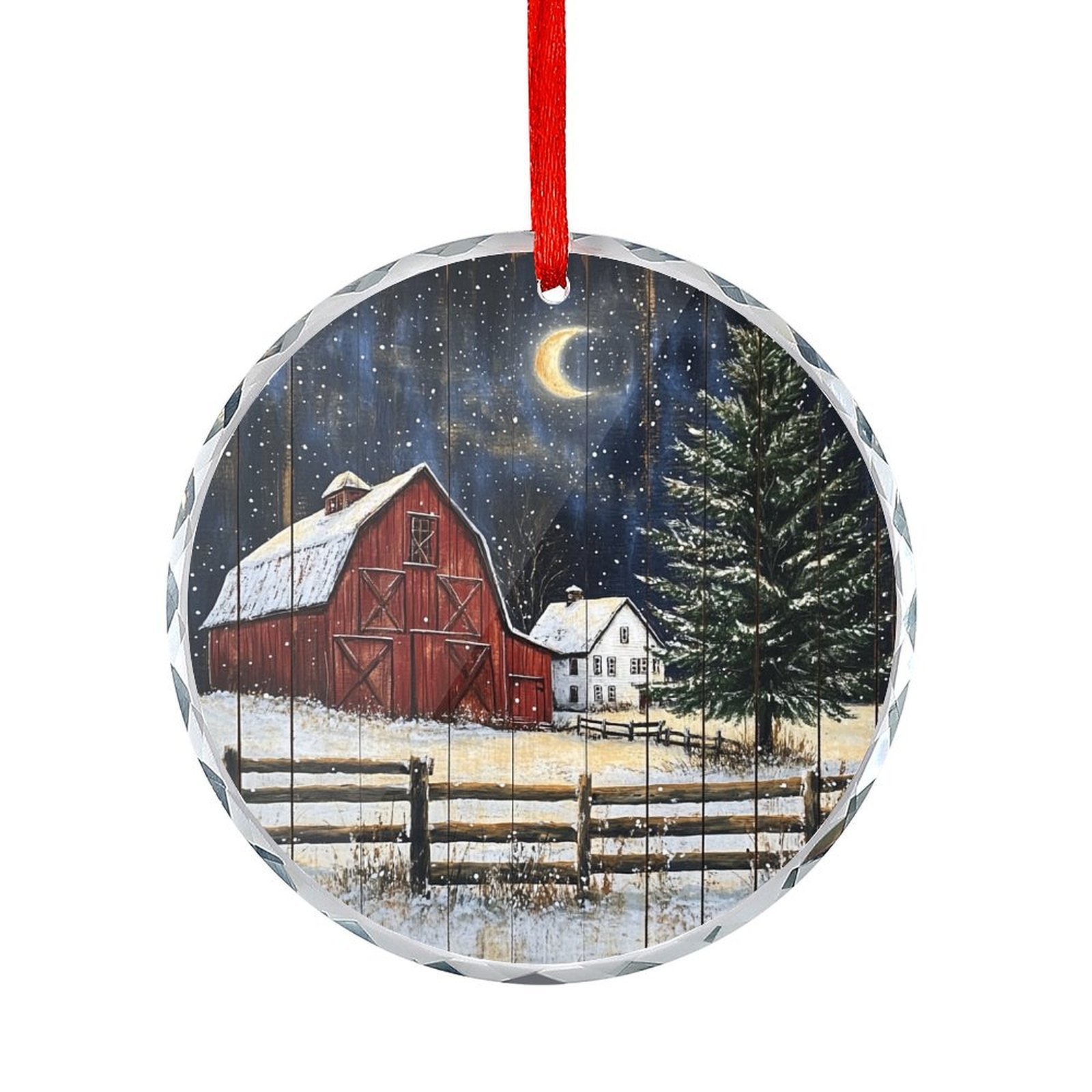 Glass Christmas Ornament Red Barn Vintage Country Landscape Trees Glass ...