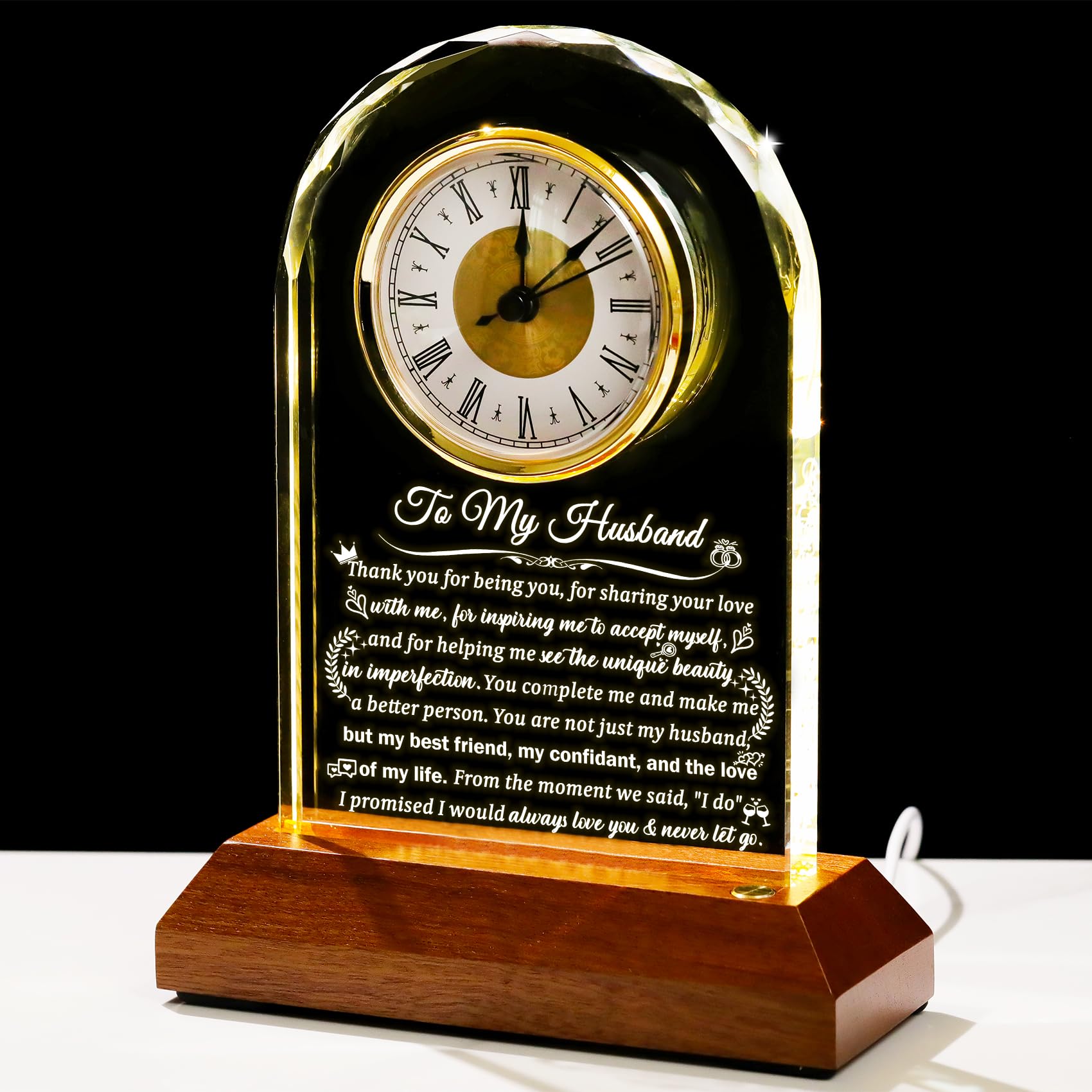 Glass Clock Gifts for Husband from Wife with Wooden Light Base ...
