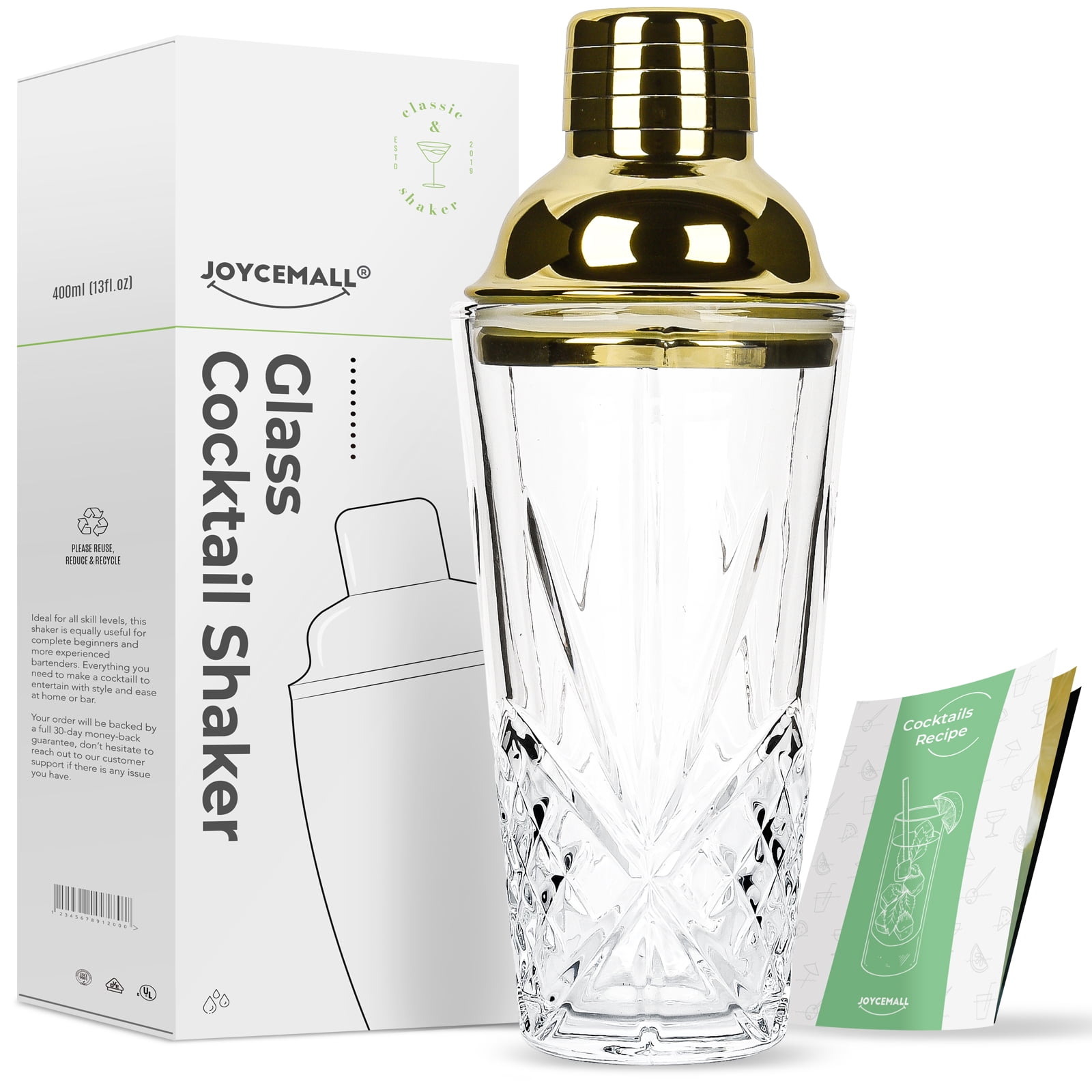 Glass Cocktail Shaker, JOYCEMALL 14.5 Ounce Cut Crystal Shaker Tumbler ...