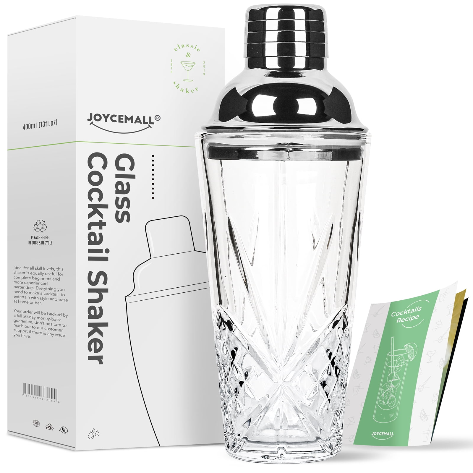 Glass Cocktail Shaker, JOYCEMALL 14.5 Ounce Cut Crystal Shaker Tumbler ...