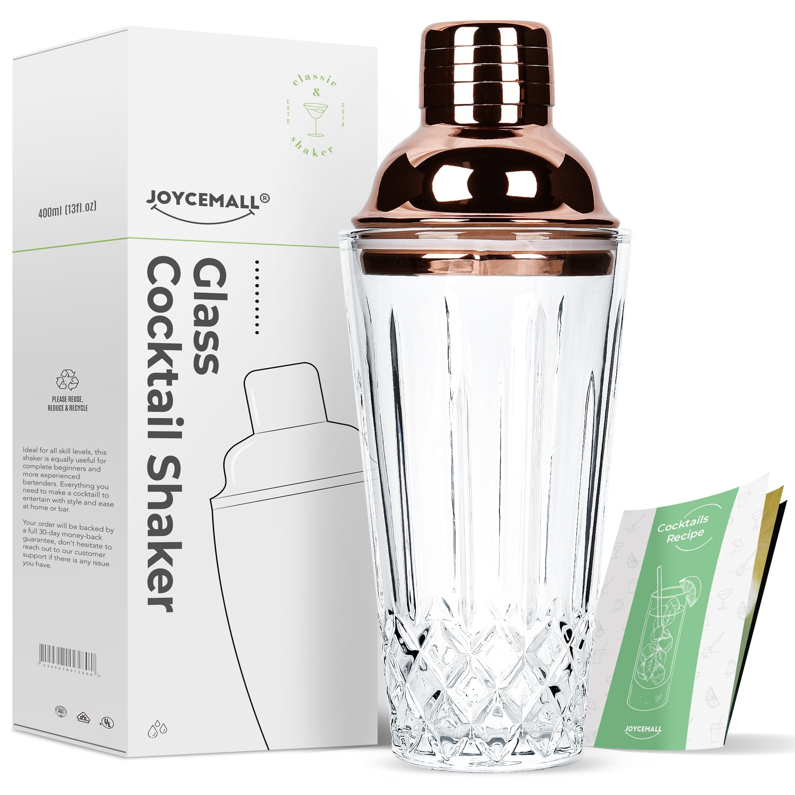 Glass Cocktail Shaker, JOYCEMALL 14.5 Ounce Cut Crystal Shaker with ...