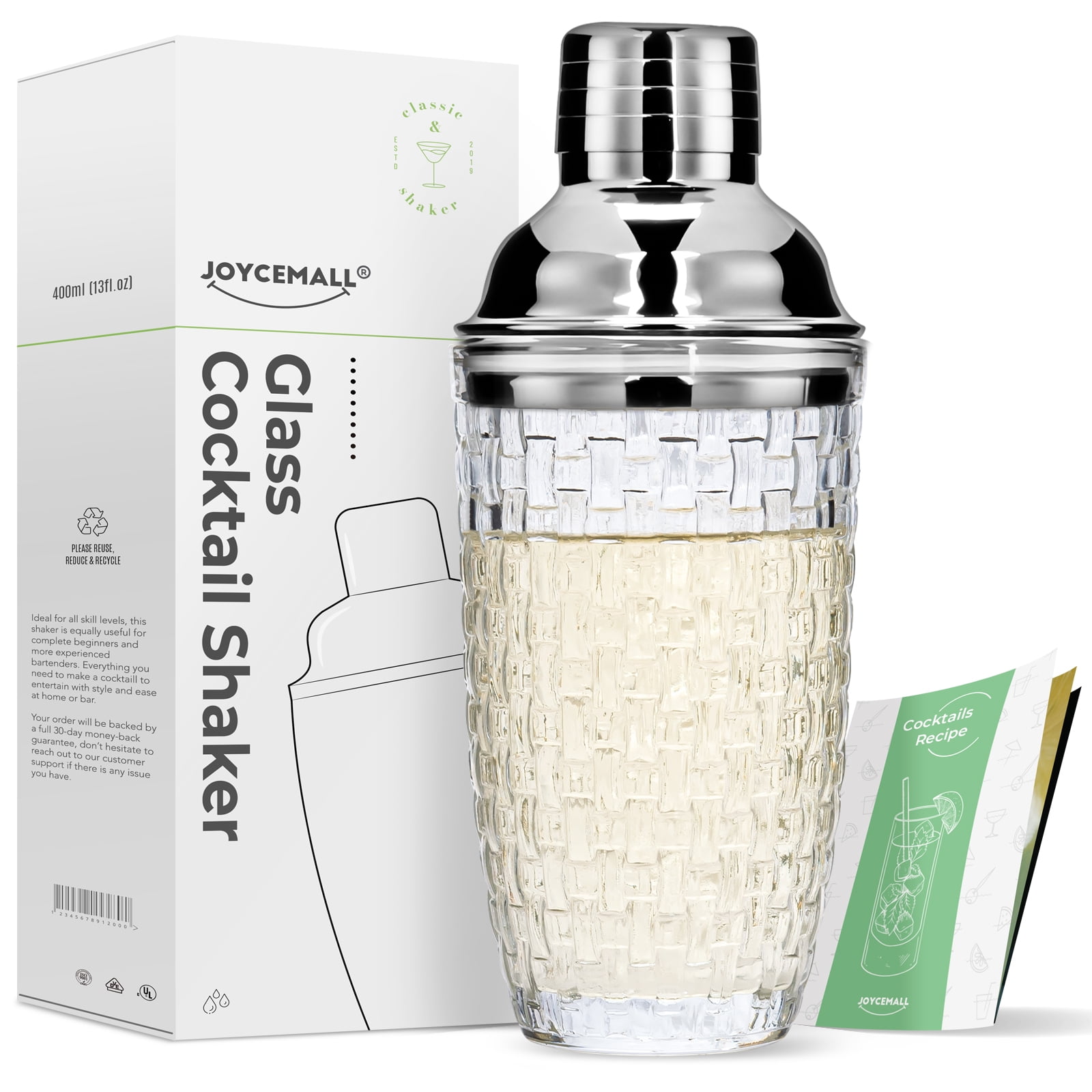 Glass Cocktail Shaker Kit, JOYCEMALL 13 Ounce Martini Mocktail Making ...