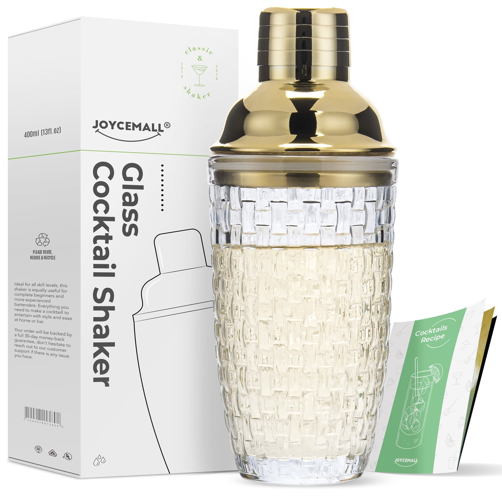 Glass Cocktail Shaker Kit, JOYCEMALL 13 Ounce Martini Mocktail Making ...