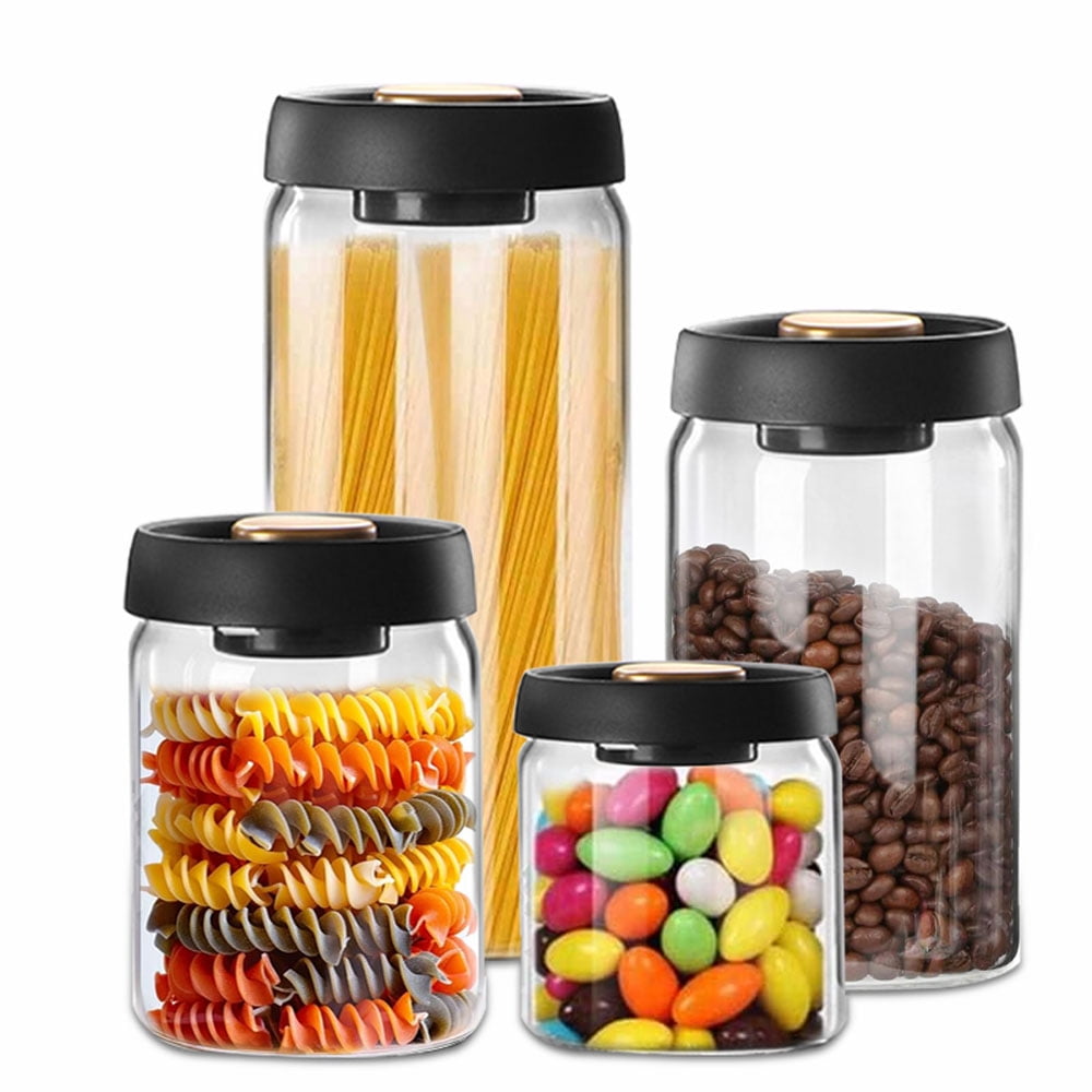 Glass Coffee Canister 4PCS Set with Airtight Lid Vacuum Seal Cafe Beans ...