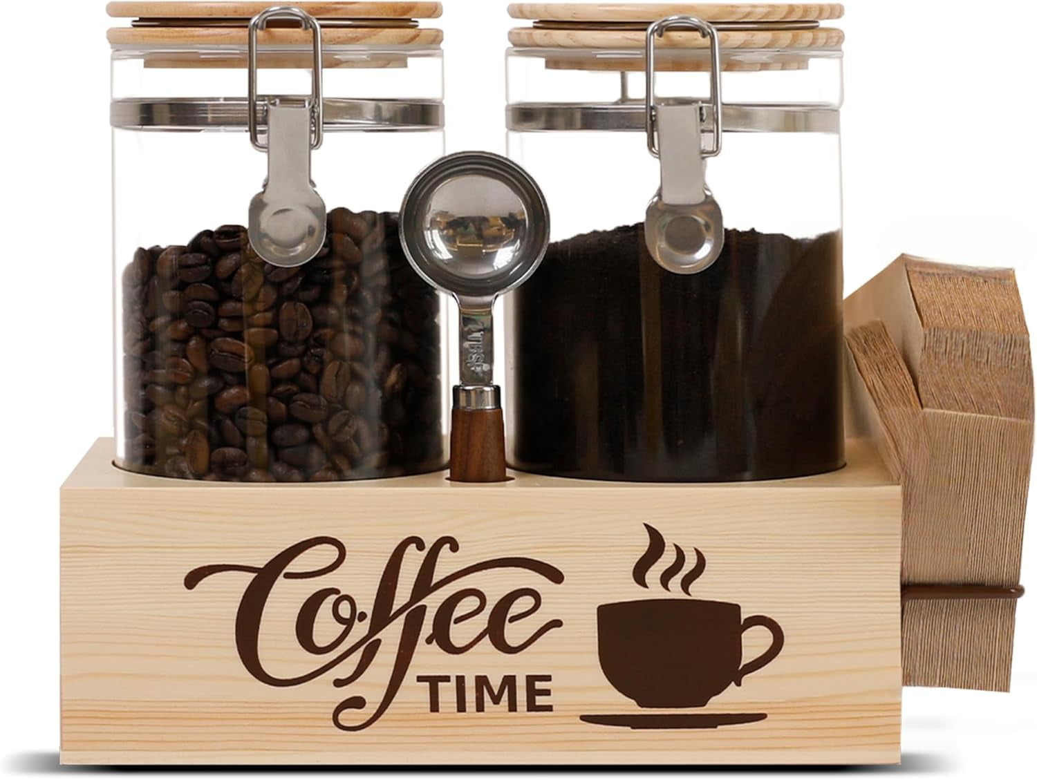 Glass Coffee Canister Set with Shelf & Spoon 2 Piece Coffee Containers ...