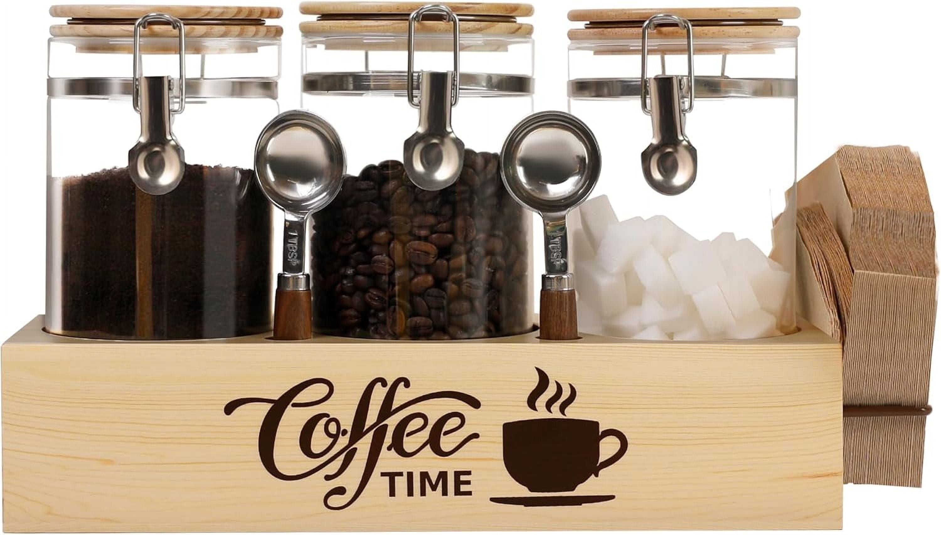 Glass Coffee Canister Set with Shelf & Spoons 3 Piece Coffee Containers ...