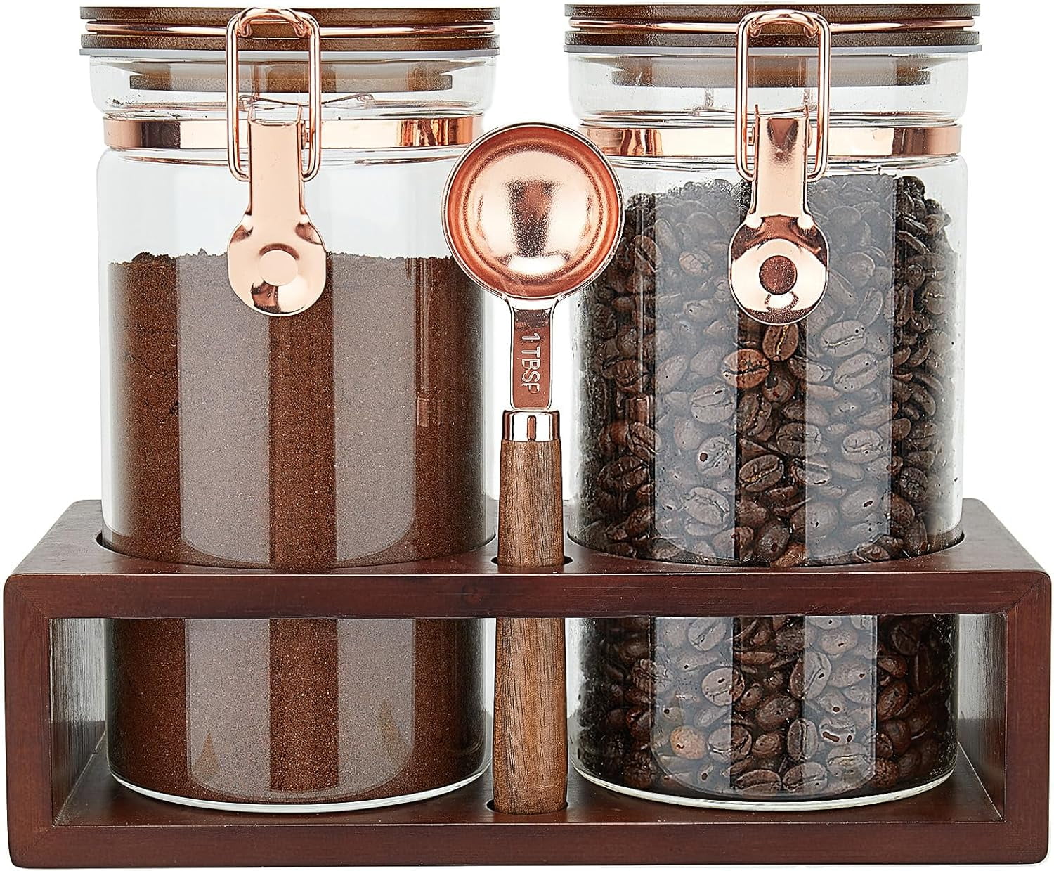 Glass Coffee Container with Wooden Shelf, 2 x 40 FLOZ Coffee Bean ...