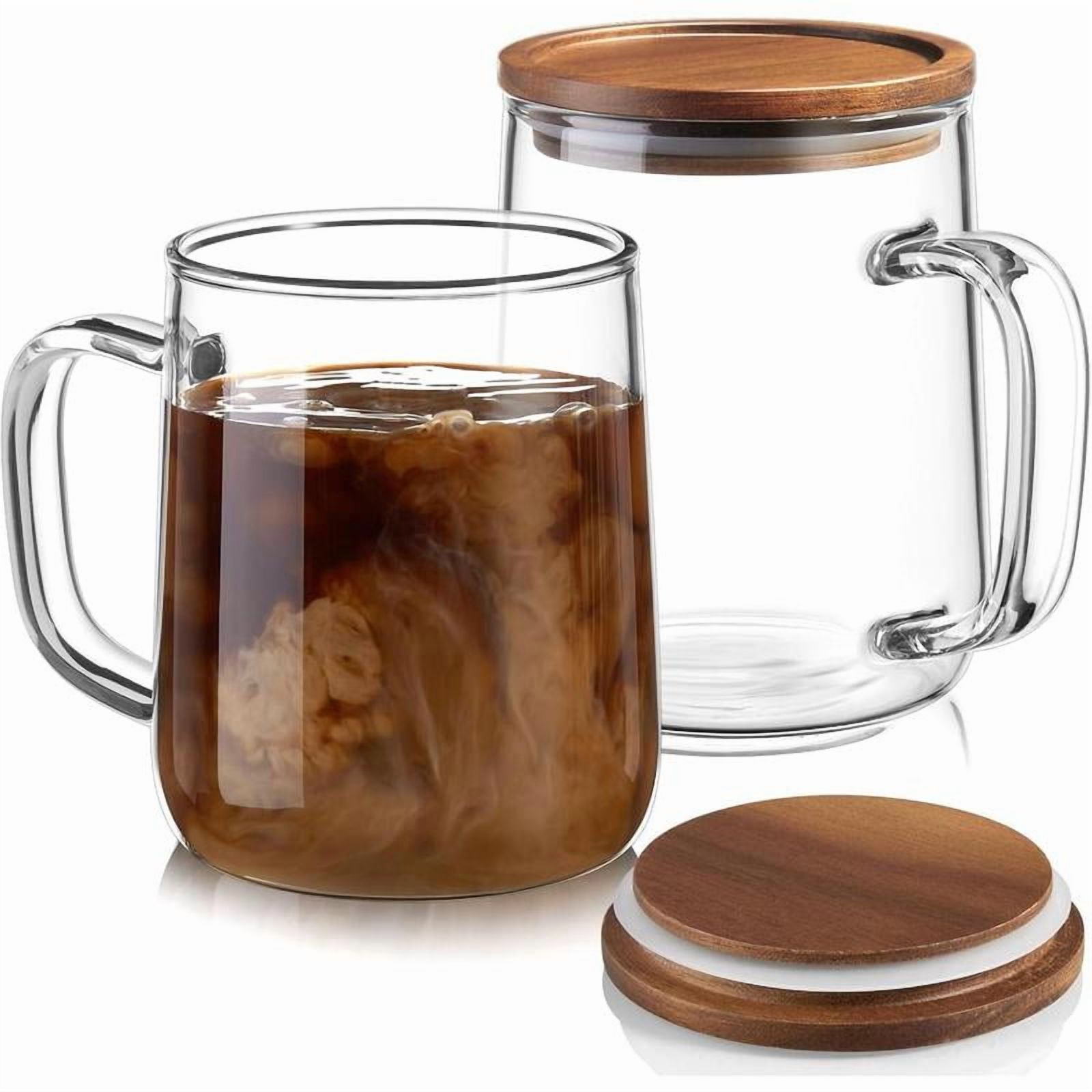 Glass Coffee Mugs, 14 oz Glass Coffee Cups with Acacia Lids, Clear ...